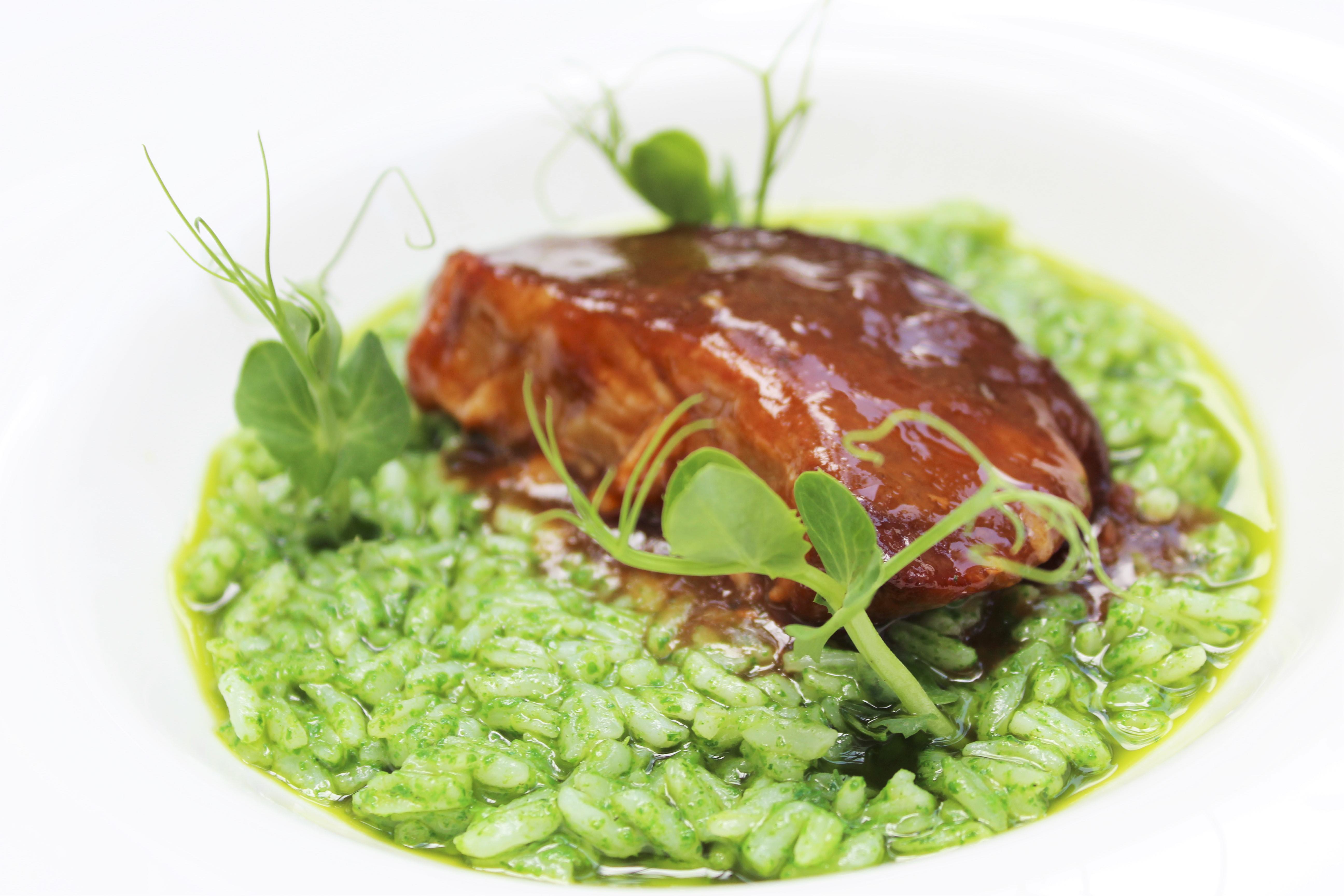 Barrigada de Cerdo Agridulce sobre Arroz con Clorofila | MakinGastronomy